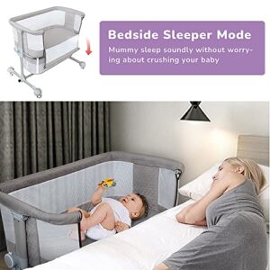 Baby Bassinets Bedside Sleeper, Bedside Crib 3 in 1 Adjustable Travel Baby Bed with Breathable Net and Mattress, Easy Folding Portable Bassinet for Baby