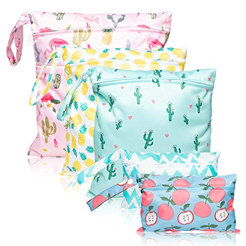 R HORSE 5Pcs Waterproof Reusable Wet Bag Diaper Baby Cloth Diaper Summer Wet Dry Bags with 2 Zippered Pockets Travel Beach Pool Bag with Pineapple Flamingo Cactus Pattern(3 Sizes)