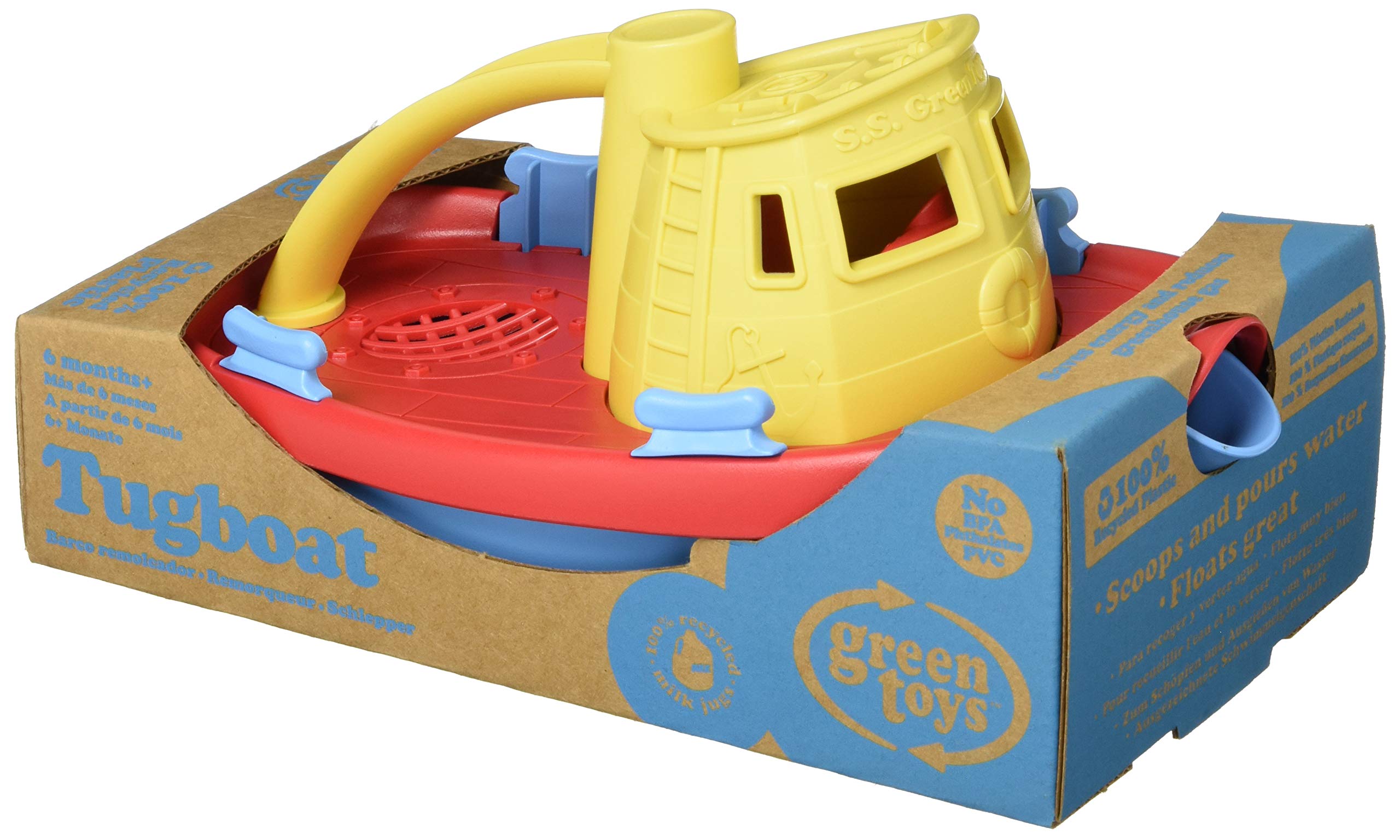 Green Toys Tugboat, Assorted CB - Pretend Play, Motor Skills, Kids Bath Toy Floating Pouring Vehicle. No BPA, phthalates, PVC. Dishwasher Safe, Recycled Plastic, Made in USA.