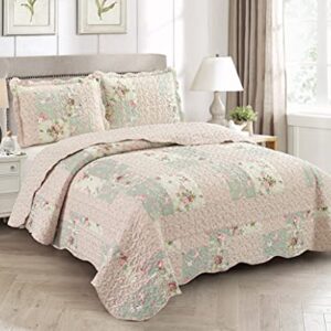 Brilliant Sunshine Traditional Rose and Sage Patchwork, with Rose Bud Patch Frames, 3-Piece Quilt Set with 2 Shams, Reversible Bedspread, Lightweight Coverlet, All-Season, Full/Queen, Light Rose Sage