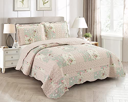 Brilliant Sunshine Traditional Rose and Sage Patchwork, with Rose Bud Patch Frames, 3-Piece Quilt Set with 2 Shams, Reversible Bedspread, Lightweight Coverlet, All-Season, Full/Queen, Light Rose Sage