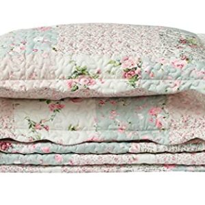 Brilliant Sunshine Traditional Rose and Sage Patchwork, with Rose Bud Patch Frames, 3-Piece Quilt Set with 2 Shams, Reversible Bedspread, Lightweight Coverlet, All-Season, Full/Queen, Light Rose Sage