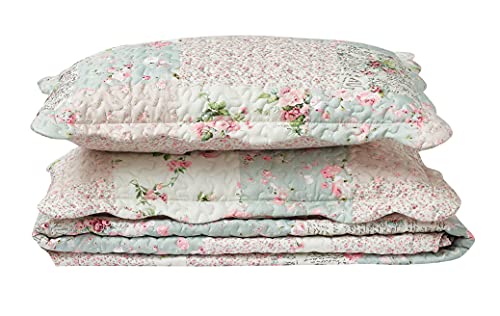 Brilliant Sunshine Traditional Rose and Sage Patchwork, with Rose Bud Patch Frames, 3-Piece Quilt Set with 2 Shams, Reversible Bedspread, Lightweight Coverlet, All-Season, Full/Queen, Light Rose Sage