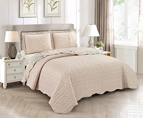 Brilliant Sunshine Traditional Rose and Sage Patchwork, with Rose Bud Patch Frames, 3-Piece Quilt Set with 2 Shams, Reversible Bedspread, Lightweight Coverlet, All-Season, Full/Queen, Light Rose Sage