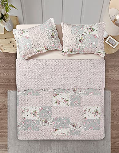 Brilliant Sunshine Traditional Rose and Sage Patchwork, with Rose Bud Patch Frames, 3-Piece Quilt Set with 2 Shams, Reversible Bedspread, Lightweight Coverlet, All-Season, Full/Queen, Light Rose Sage