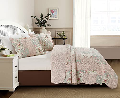 Brilliant Sunshine Traditional Rose and Sage Patchwork, with Rose Bud Patch Frames, 3-Piece Quilt Set with 2 Shams, Reversible Bedspread, Lightweight Coverlet, All-Season, Full/Queen, Light Rose Sage