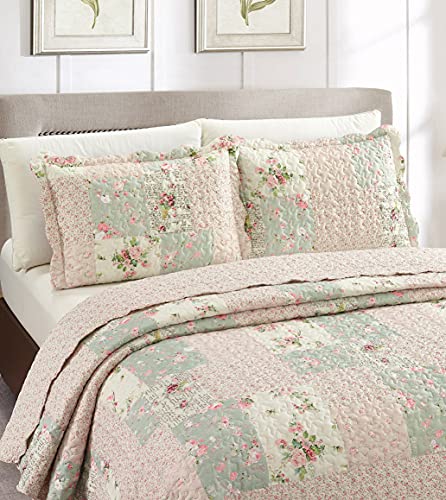 Brilliant Sunshine Traditional Rose and Sage Patchwork, with Rose Bud Patch Frames, 3-Piece Quilt Set with 2 Shams, Reversible Bedspread, Lightweight Coverlet, All-Season, Full/Queen, Light Rose Sage