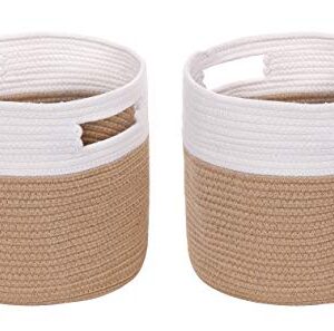 ZFRXZ Cotton Rope Storage Baskets with Handles Set of 2, Laundry Basket Hamper for Baby Toys Blankets, Decorative Woven Plants Basket, Cube Bins Containers Organizers 11"x11" (White-Jute)