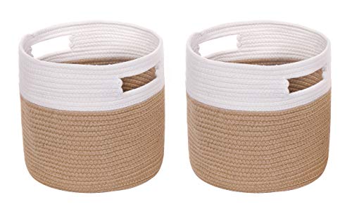 ZFRXZ Cotton Rope Storage Baskets with Handles Set of 2, Laundry Basket Hamper for Baby Toys Blankets, Decorative Woven Plants Basket, Cube Bins Containers Organizers 11"x11" (White-Jute)