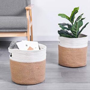 ZFRXZ Cotton Rope Storage Baskets with Handles Set of 2, Laundry Basket Hamper for Baby Toys Blankets, Decorative Woven Plants Basket, Cube Bins Containers Organizers 11"x11" (White-Jute)