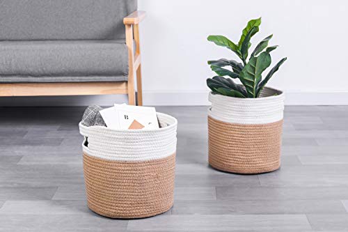 ZFRXZ Cotton Rope Storage Baskets with Handles Set of 2, Laundry Basket Hamper for Baby Toys Blankets, Decorative Woven Plants Basket, Cube Bins Containers Organizers 11"x11" (White-Jute)