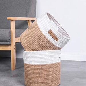 ZFRXZ Cotton Rope Storage Baskets with Handles Set of 2, Laundry Basket Hamper for Baby Toys Blankets, Decorative Woven Plants Basket, Cube Bins Containers Organizers 11"x11" (White-Jute)