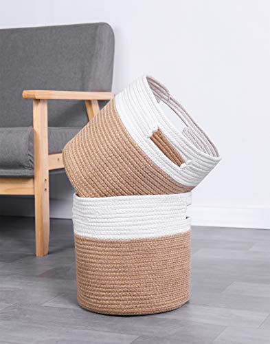 ZFRXZ Cotton Rope Storage Baskets with Handles Set of 2, Laundry Basket Hamper for Baby Toys Blankets, Decorative Woven Plants Basket, Cube Bins Containers Organizers 11"x11" (White-Jute)