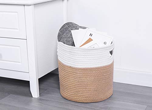 ZFRXZ Cotton Rope Storage Baskets with Handles Set of 2, Laundry Basket Hamper for Baby Toys Blankets, Decorative Woven Plants Basket, Cube Bins Containers Organizers 11"x11" (White-Jute)