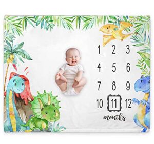 popfavors dinosaur baby monthly milestone blanket, dinosaur baby growth chart milestone blanket, newborn month blanket for boy & girl, includes marker (50"x40")