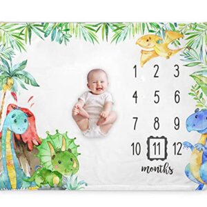 Popfavors Dinosaur Baby Monthly Milestone Blanket, Dinosaur Baby Growth Chart Milestone Blanket, Newborn Month Blanket for Boy & Girl, Includes Marker (50"x40")