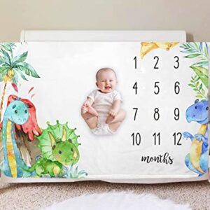 Popfavors Dinosaur Baby Monthly Milestone Blanket, Dinosaur Baby Growth Chart Milestone Blanket, Newborn Month Blanket for Boy & Girl, Includes Marker (50"x40")