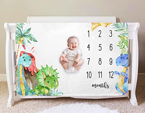 Popfavors Dinosaur Baby Monthly Milestone Blanket, Dinosaur Baby Growth Chart Milestone Blanket, Newborn Month Blanket for Boy & Girl, Includes Marker (50"x40")