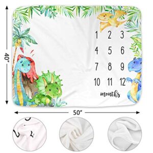 Popfavors Dinosaur Baby Monthly Milestone Blanket, Dinosaur Baby Growth Chart Milestone Blanket, Newborn Month Blanket for Boy & Girl, Includes Marker (50"x40")