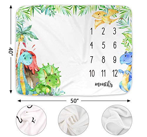 Popfavors Dinosaur Baby Monthly Milestone Blanket, Dinosaur Baby Growth Chart Milestone Blanket, Newborn Month Blanket for Boy & Girl, Includes Marker (50"x40")