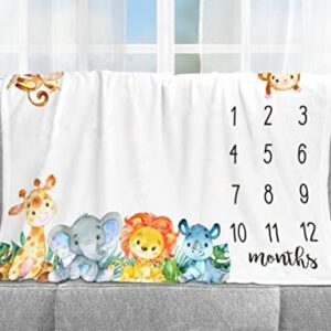 Safari Jungle Baby Monthly Milestone Blanket, Jungle Animals Milestone Blanket for New Mom, Giraffe Elephant Baby Growth Chart Monthly Blanket, Includes Marker (Blue, 50"x40")