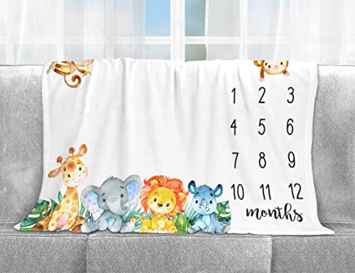 Safari Jungle Baby Monthly Milestone Blanket, Jungle Animals Milestone Blanket for New Mom, Giraffe Elephant Baby Growth Chart Monthly Blanket, Includes Marker (Blue, 50"x40")