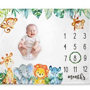 Safari Jungle Baby Monthly Milestone Blanket, Jungle Animals Milestone Blanket for New Mom, Giraffe Elephant Baby Growth Chart Monthly Blanket, Includes Marker (Blue, 50"x40")