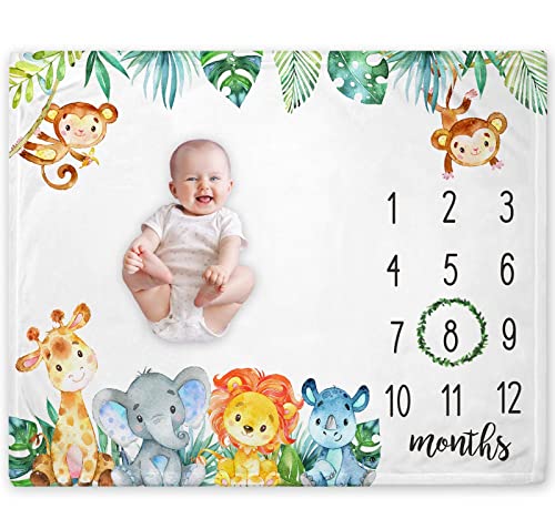 Safari Jungle Baby Monthly Milestone Blanket, Jungle Animals Milestone Blanket for New Mom, Giraffe Elephant Baby Growth Chart Monthly Blanket, Includes Marker (Blue, 50"x40")