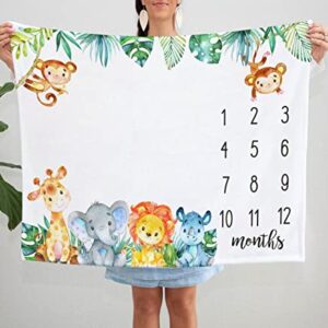 Safari Jungle Baby Monthly Milestone Blanket, Jungle Animals Milestone Blanket for New Mom, Giraffe Elephant Baby Growth Chart Monthly Blanket, Includes Marker (Blue, 50"x40")