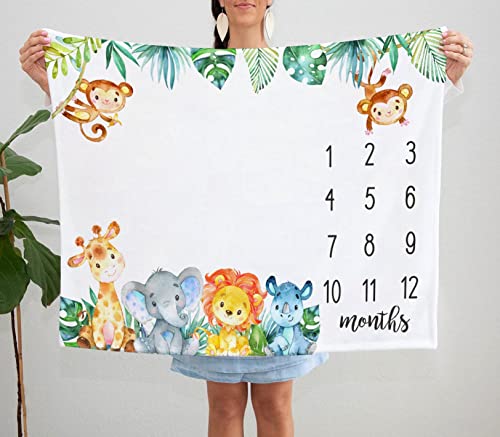 Safari Jungle Baby Monthly Milestone Blanket, Jungle Animals Milestone Blanket for New Mom, Giraffe Elephant Baby Growth Chart Monthly Blanket, Includes Marker (Blue, 50"x40")