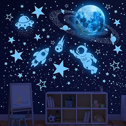 Glow in the Dark Stars for Ceiling,Outer Space Planet Wall Stickers Glow in the Dark Galaxy Universe Wall Decal Solar System Rockets Alien Wall Decor for Kids Boys Girls Bedroom Nursery Playroom Ceiling Decor