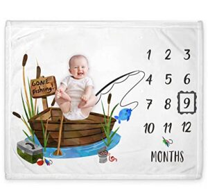 popfavors fishing baby monthly milestone blanket, gone fishing baby boy growth chart milestone photo blanket, fishing boat newborn, includes marker (50x40)