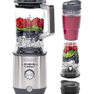 GE 5-Speed Blender + (2) 16 Ounce Blender Cups | Kitchen Essentials Blender for Shakes, Smoothies & More | Large 64 oz Tritan Jar, 8-10 Servings | Stainless Steel Blades & Exterior Finish | 1000 Watts