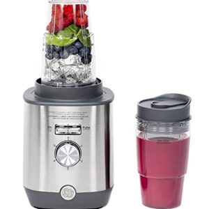 GE 5-Speed Blender + (2) 16 Ounce Blender Cups | Kitchen Essentials Blender for Shakes, Smoothies & More | Large 64 oz Tritan Jar, 8-10 Servings | Stainless Steel Blades & Exterior Finish | 1000 Watts