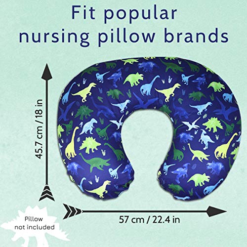 Dinosaur Nursing Pillow Cover, Breastfeeding Pillow Slipcover for Baby Boys & Girls, Nursing Pillow Case for Newborn, Soft Fabric Fits Snug On Infant, Washable & Breathable, Watercolor Dinosaur Blue