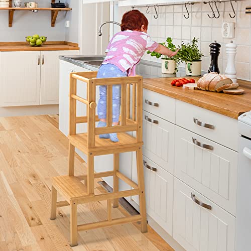 COSYLAND Kids Kitchen Step Stool，Toddler Standing Tower with CPC Certification, Removable Anti-Drop Railing Safety Rail Enjoys Unique Patented Design A Anti-tip Structure More Stable, Natural Bamboo