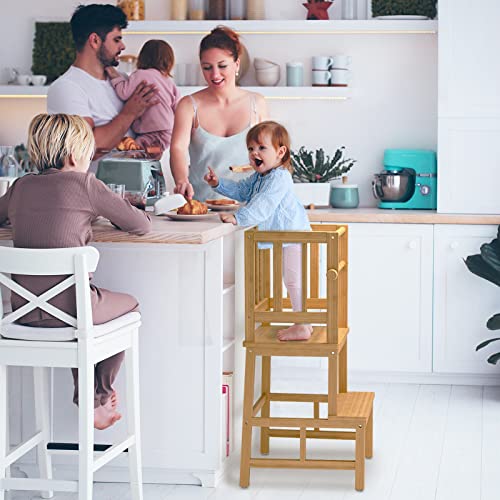 COSYLAND Kids Kitchen Step Stool，Toddler Standing Tower with CPC Certification, Removable Anti-Drop Railing Safety Rail Enjoys Unique Patented Design A Anti-tip Structure More Stable, Natural Bamboo