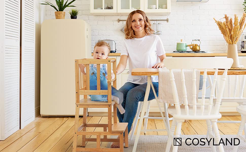 COSYLAND Kids Kitchen Step Stool，Toddler Standing Tower with CPC Certification, Removable Anti-Drop Railing Safety Rail Enjoys Unique Patented Design A Anti-tip Structure More Stable, Natural Bamboo