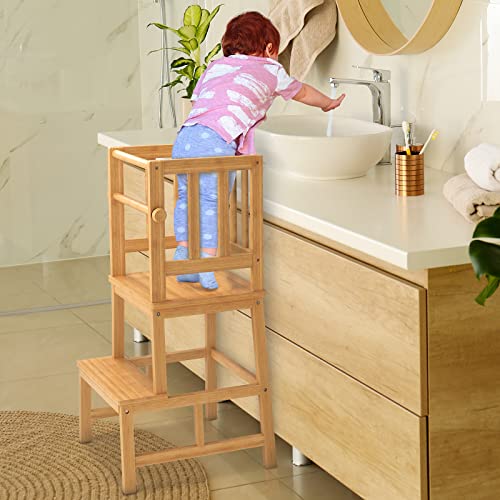 COSYLAND Kids Kitchen Step Stool，Toddler Standing Tower with CPC Certification, Removable Anti-Drop Railing Safety Rail Enjoys Unique Patented Design A Anti-tip Structure More Stable, Natural Bamboo