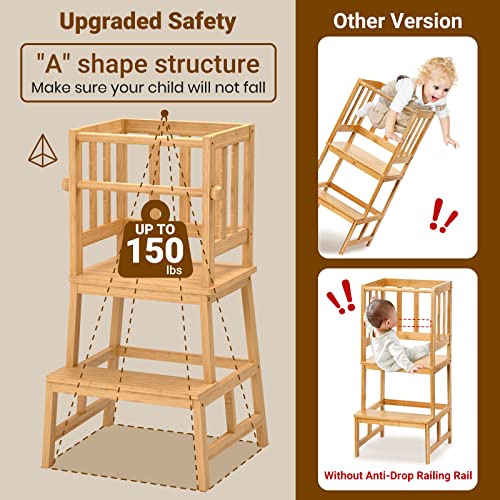 COSYLAND Kids Kitchen Step Stool，Toddler Standing Tower with CPC Certification, Removable Anti-Drop Railing Safety Rail Enjoys Unique Patented Design A Anti-tip Structure More Stable, Natural Bamboo