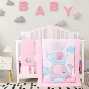 4piece soft baby girl crib bedding set pink elephant nursery bedding crib set | crib comforter, fitted sheet, dust ruffle,blanket