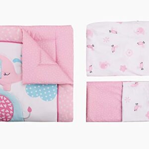 4Piece Soft Baby Girl Crib Bedding Set Pink Elephant Nursery Bedding Crib Set | Crib Comforter, Fitted Sheet, Dust Ruffle,Blanket