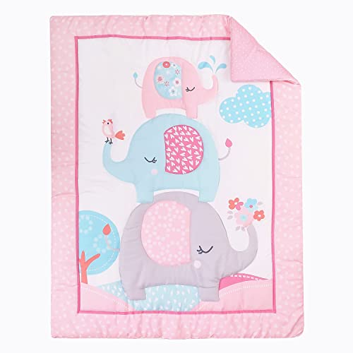 4Piece Soft Baby Girl Crib Bedding Set Pink Elephant Nursery Bedding Crib Set | Crib Comforter, Fitted Sheet, Dust Ruffle,Blanket