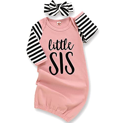 AMAWMW Newborn Baby Girl Little Sister Sleeper Gown Stripe Long Sleeve Nightgown Outfit (Pink, 0-6 Months)