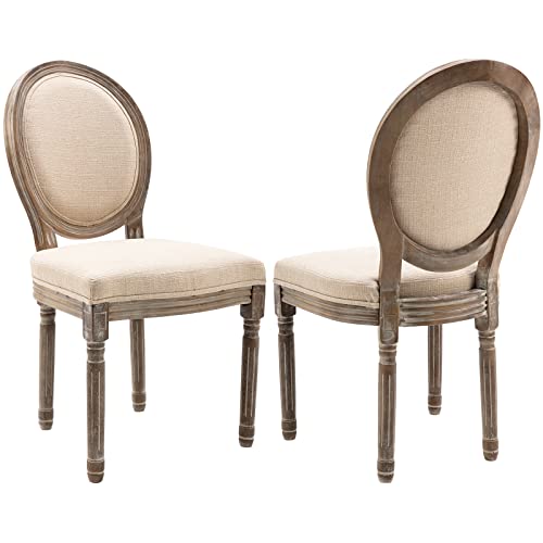 Guyou Farmhouse Dining Chairs Set of 2, Retro Upholstered Dining Room Chairs with Rattan Back French Country Accent Chair Side Chairs with Distressed Wood Frame for Kitchen Living Room (Dark Beige)