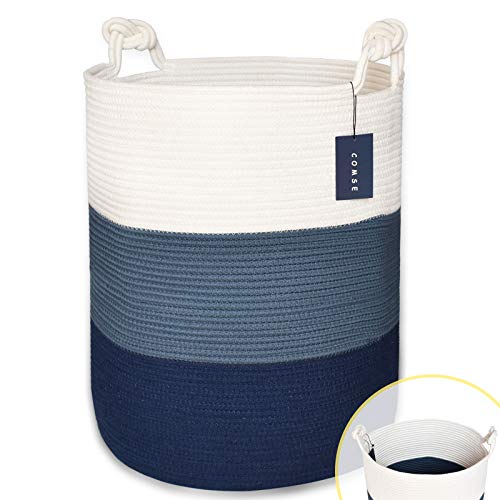 COMSE Extra Large Blanket Basket, High Storage Basket, Tall Rope Laundry Basket, 15.7”x 21.7”, Cotton Rope Basket, XXXL Laundry Basket, Toy Basket, Clothes Baskets,White/Cadet Blue/Navy Blue