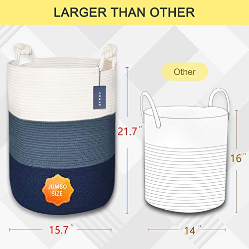 COMSE Extra Large Blanket Basket, High Storage Basket, Tall Rope Laundry Basket, 15.7”x 21.7”, Cotton Rope Basket, XXXL Laundry Basket, Toy Basket, Clothes Baskets,White/Cadet Blue/Navy Blue