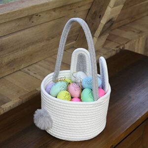 Sea Team Easter Bunny Basket for Eggs Hunt, Easter Eggs Bucket, Small Woven Cotton Rope Tote Bag with Rabbit Ears & Fluffy Tail for Kids, Easter Days Decoration, Party, Holidays, Gray