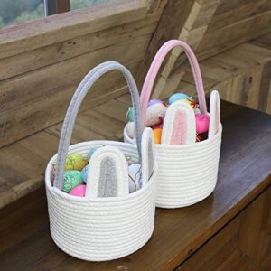 Sea Team Easter Bunny Basket for Eggs Hunt, Easter Eggs Bucket, Small Woven Cotton Rope Tote Bag with Rabbit Ears & Fluffy Tail for Kids, Easter Days Decoration, Party, Holidays, Gray