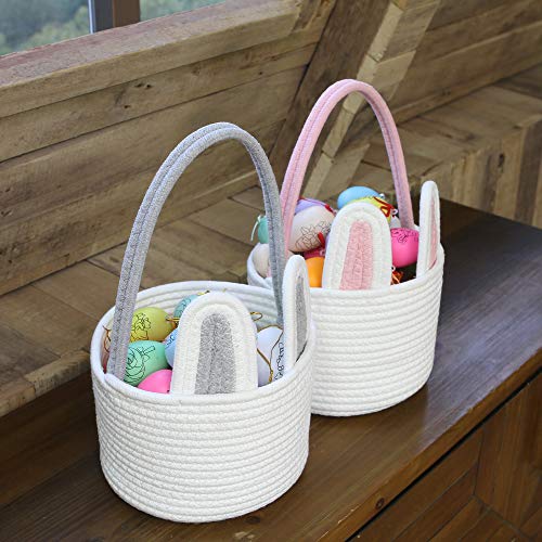 Sea Team Easter Bunny Basket for Eggs Hunt, Easter Eggs Bucket, Small Woven Cotton Rope Tote Bag with Rabbit Ears & Fluffy Tail for Kids, Easter Days Decoration, Party, Holidays, Gray